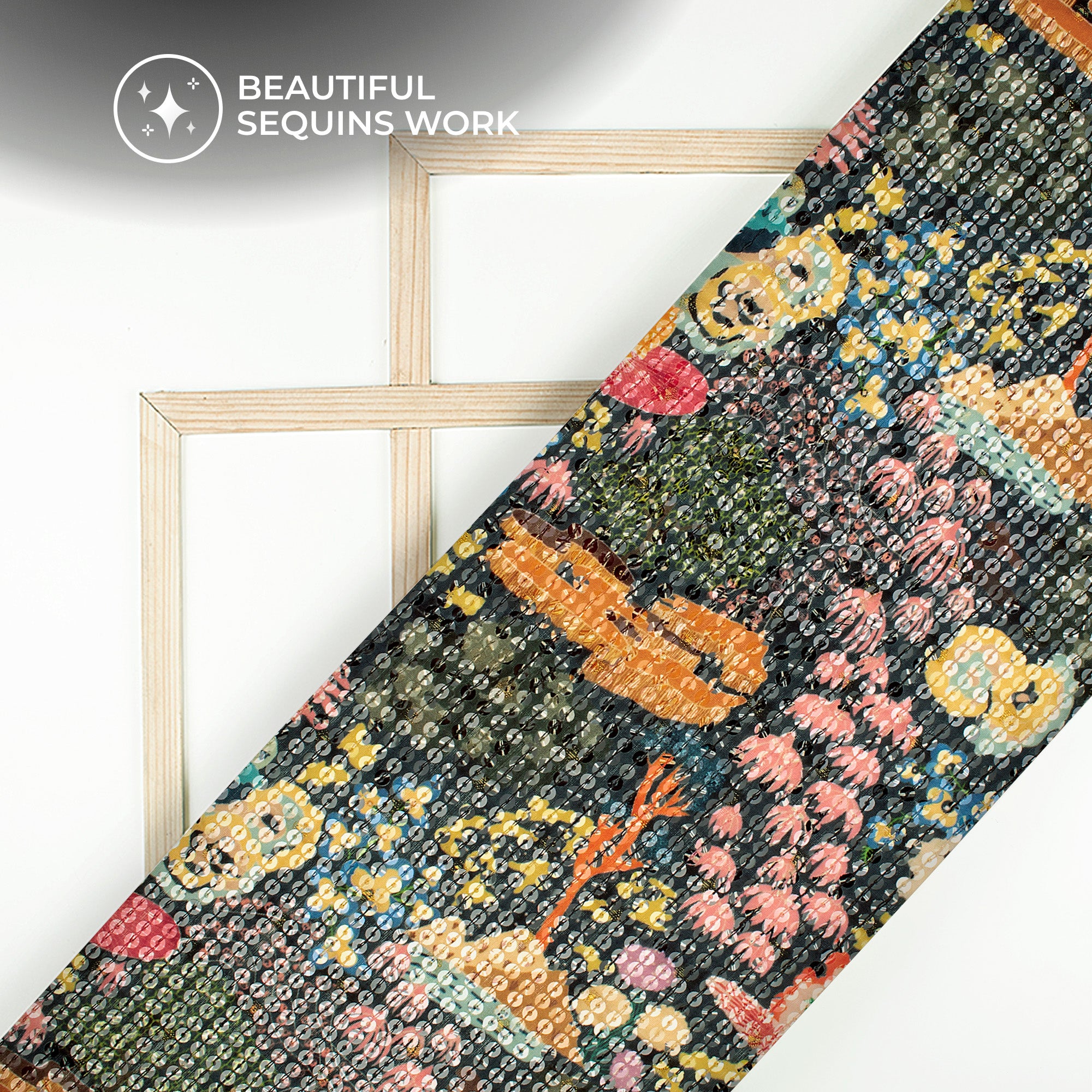 Black And Pink Quirky Digital Print Chanderi Water Sequins Fabric ...