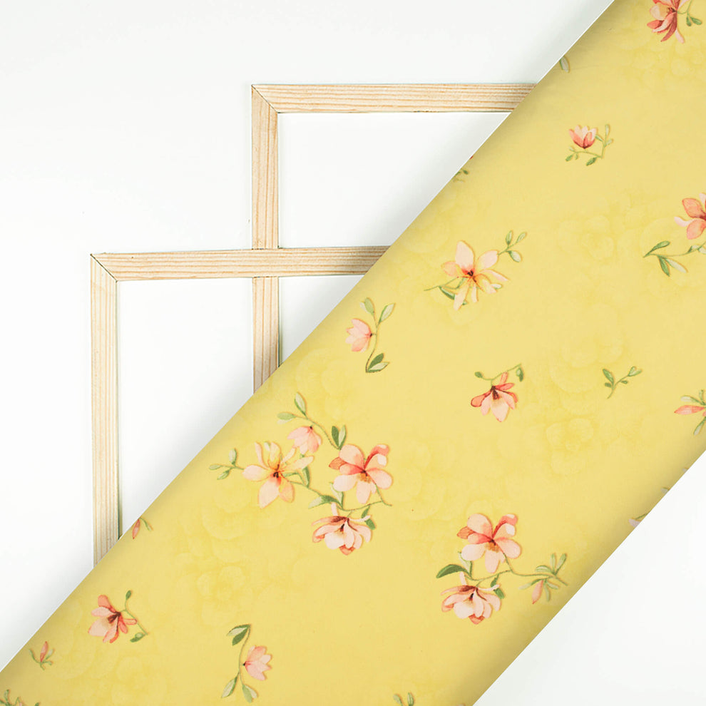 Mellow Yellow And White Floral Pattern Digital Print Georgette Fabric ...